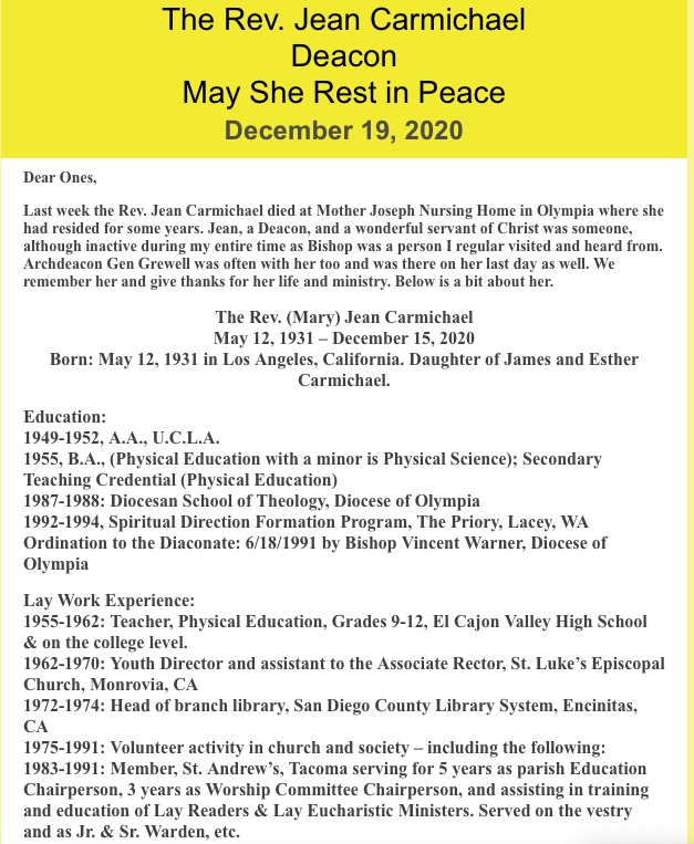 In memory of Deacon Jean Carmichael – Saint Andrews Tacoma