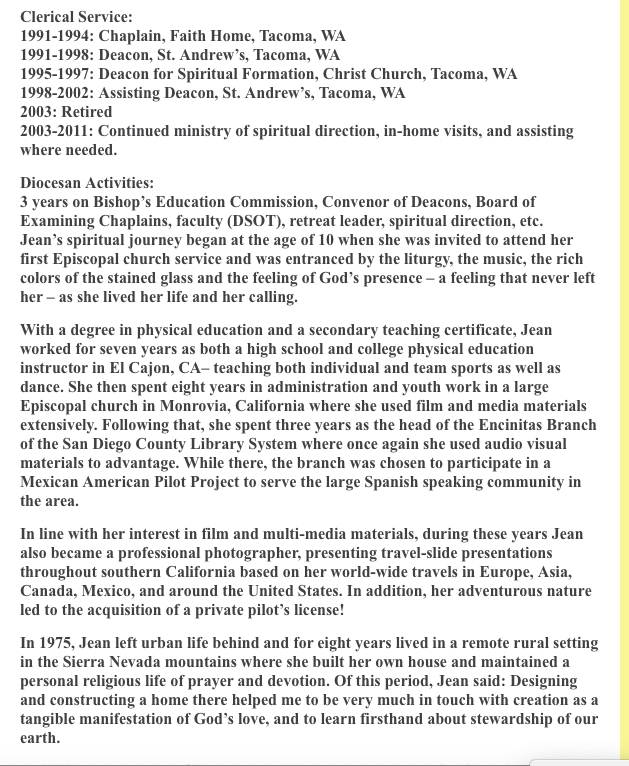 In memory of Deacon Jean Carmichael – Saint Andrews Tacoma